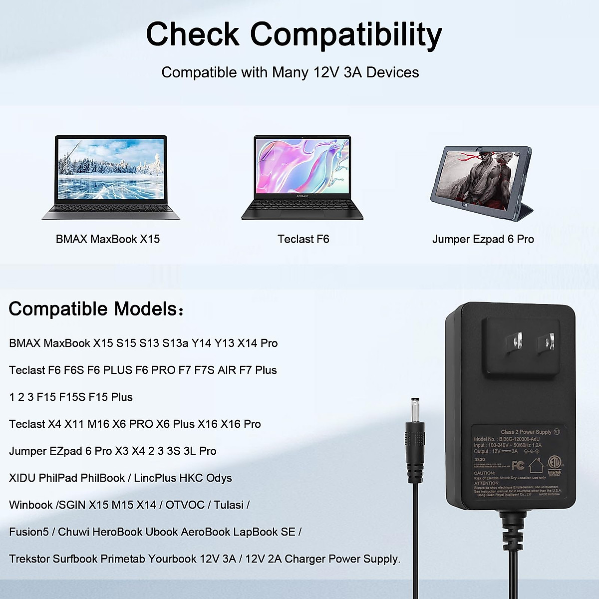 Flgan 12V 3A Charger for Jumper Ezbook X3 X4 S4 2 3 3s 3l pro Jumper EZpad 6 Pro Chuwi HeroBook ubook AeroBook LapBook xidu Tour Pro 12.5 Trekstor Surfbook Primetab Yourbook YELLYOUTH
