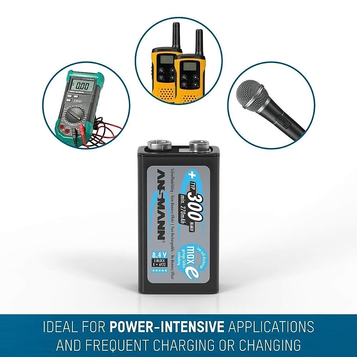 Ansmann Rechargeable 9V Battery 300mAh pre-Charged Low Self Discharge 9Volt NiMH Rechargeable Battery (6-Pack) + Batterybox for 9V