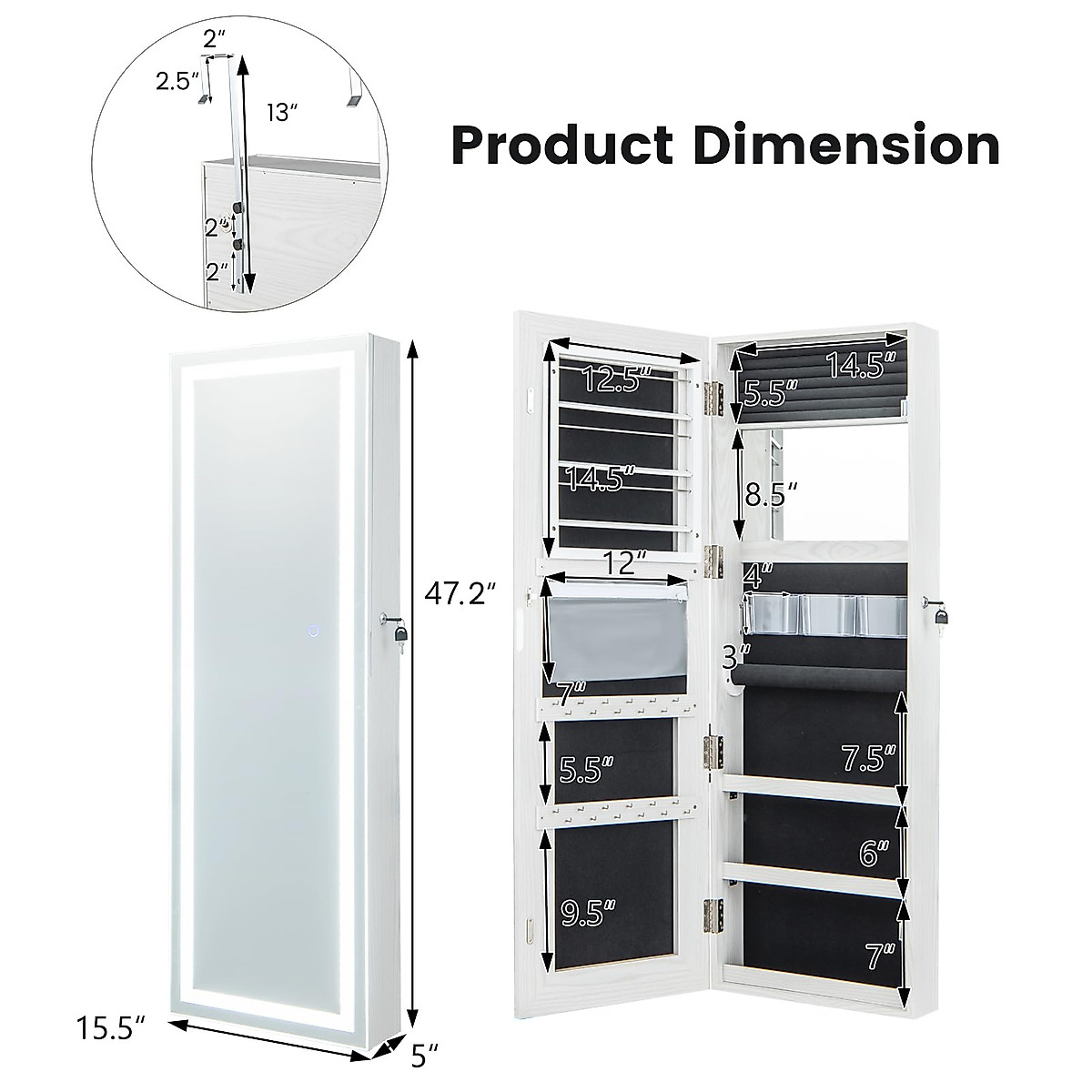 Giantex Jewelry Cabinet Armoire Door Wall Mount, 47.2in Lockable Touch Screen Lighted Full Length Mirror, 3 Lighting Settings, Inside Makeup Mirror, Jewelry Storage Box Organizer (Grayish White)
