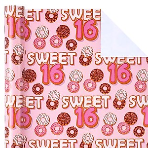 WRAPAHOLIC 16th Birthday Wrapping Paper - Mini Roll - 17 Inch X 33 Feet - Sweet 16 for Birthday, Party, Holiday