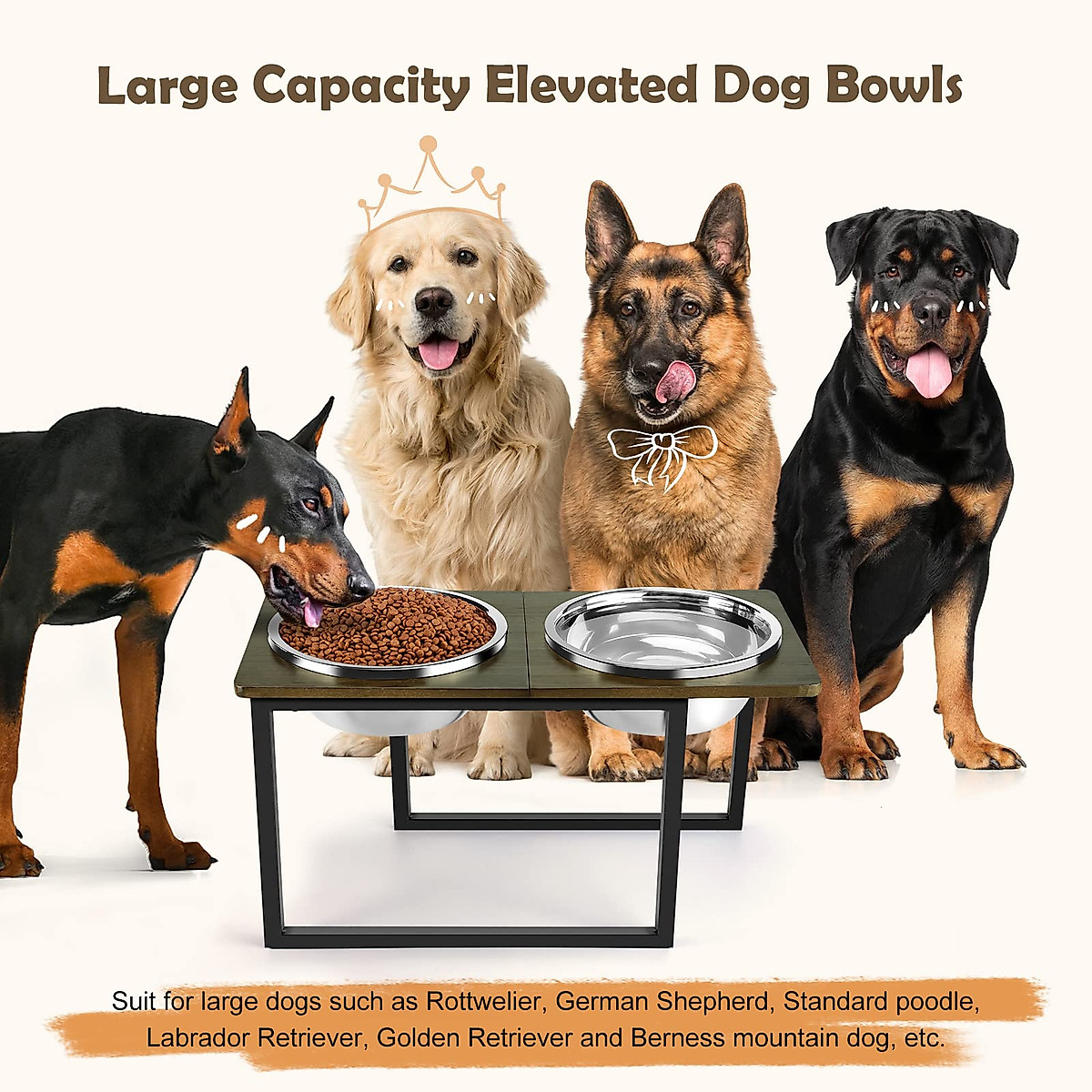 Siooko Elevated Dog Bowls for Large Dogs, Wood X-Large Dog Raised Dog Bowl Stand with Two 3.5L Stainless Steel Dog Food & Water Bowls for Extra Large Dogs Non-Slip Feet (11.8" Tall, 118 oz Bowl)