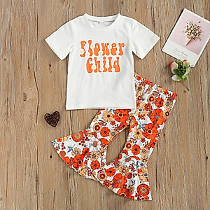 YOKJZJD Little Toddler Baby Girl Letter Short Sleeve T-Shirt Tops Floral Flared Bell-Bottom Pants Leggings Kids Summer Clothes Set (White, 6-7 Years)