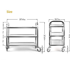 uyoyous Stainless Steel Utility Cart 37"x20"x37" 3-Tier Large Heavy Duty Industrial Serving cart with 360°Rotation Wheels Kitchen Island Stainless Steel Storage Trolley for Hotel Restaurant Home Use