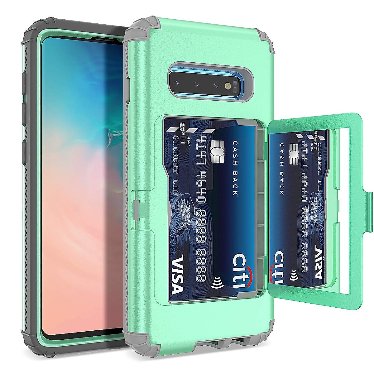 WeLoveCase Galaxy S10 Wallet Case - Hidden Mirror, Credit Card Holder, Shockproof Heavy Duty Protection, Mint Green