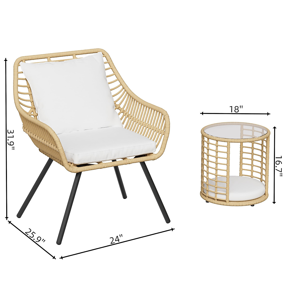 3 Piece Patio Bistro Set, Bistro Table and Chairs Set of 2 with Elevated Back Cushion, Round Glass Top Coffee Side Table, Patio Rattan Conversation Set for Balcony, Lawn, Garden, Backyard, White