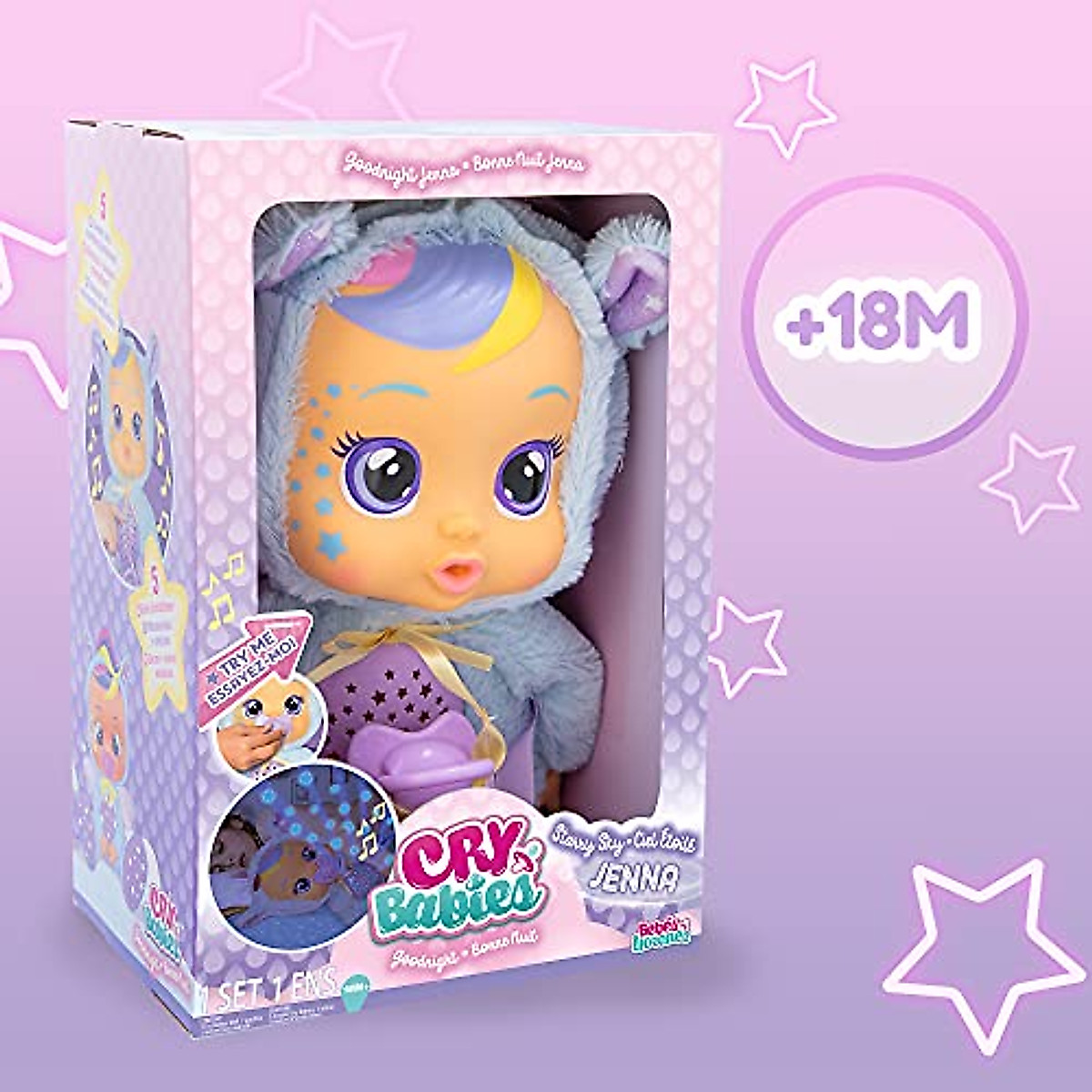 Cry Babies Goodnight Jenna - 12" Sleepytime Baby Doll | Plays 5 Lullabies and Night Light Starry Sky Projection , Blue