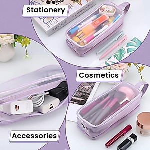 JIANTA Mesh Pencil Case, Large Clear Pen Pouch with Zipper and 2 Compartments, Makeup Cosmetics Bag Stationery Storage Bag for Home, Office, School, Purple