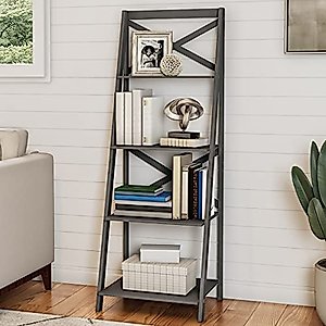 Lavish Home 4-Tier Ladder Bookshelf - Freestanding Shelved Bookcase with X-Back Frame and Leaning Look - Display Shelves for Home and Office (Gray)