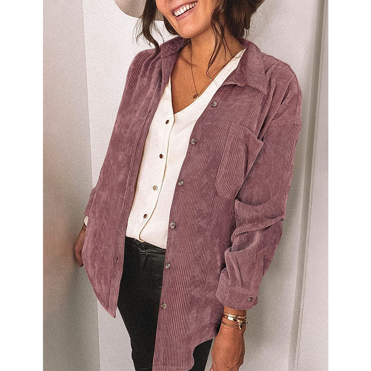 Saslax Womens Corduroy Shirt Long Sleeve Oversized Button Up V Neck Blouses Tops Loose Shacket Jacket with Pockets Mauve L