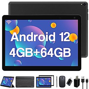 2 in 1 Tablet with Keyboard, Tablet 10 inch 4GB RAM+64GB ROM Support 512GB Expandable Android Tablet Computer, Quad-Core CPU, HD Screen, 2.4G/5G WiFi, Long Battery Life Tablets with Case Mouse Stylus