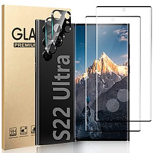[2+2 Pack] S22 Ultra Glass Screen Protector, HD Clear 9H Tempered Glass Scratch Resistant, Fingerprint Unlock, 3D Curved, Bubble-Free for Samsung Galaxy S22 Ultra Glass Screen Camera Protector(6.8