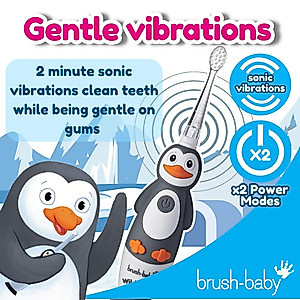 brush-baby WildOnes Kids Electric Rechargeable Toothbrush Penguin, 1 Handle, 3 Brush Heads, USB Charging Cable, for Ages 0-10 (Penguin)