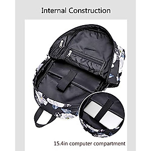 Lmeison Black Floral Backpack with Lunch Box, Cute School Bag for Teen Girls Waterproof, Flower Laptop Backpack for Middle School High School College, Kids Bookbag Set Women Casual Daypack for Travel