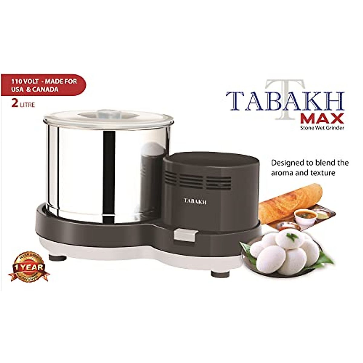 Tabakh Max 2-Liter Stone Wet Grinder with Atta Kneader & Coconut Scraper, 110V, Gray