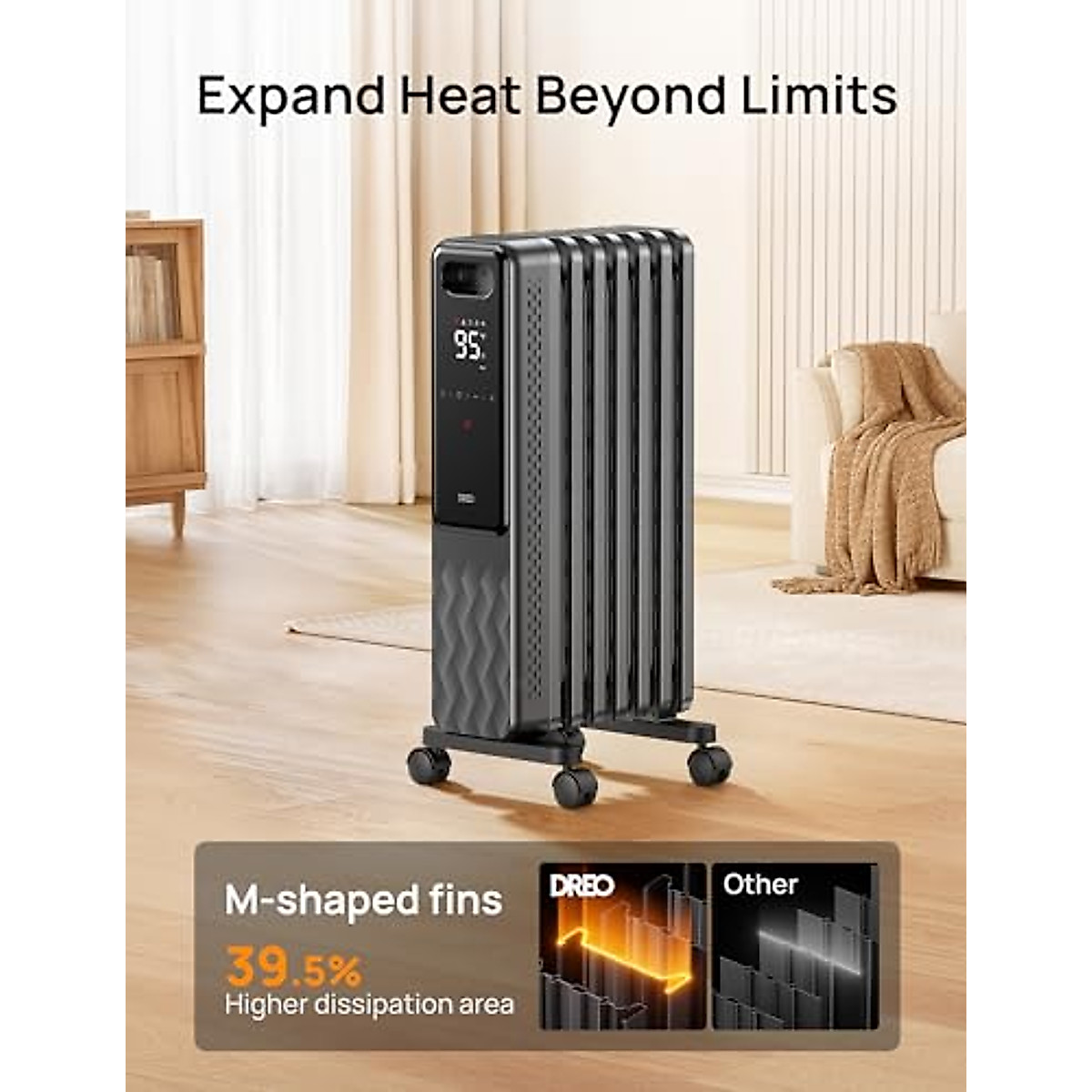 Dreo Oil Filled Radiator, Electric Radiant Heaters for indoor use Large Room with Remote Control, Child Lock, 4 Modes, Overheat & Tip-Over Protection, 24h Timer, Digital Thermostat, Quiet, 1500W