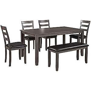 MOEO 6 Piece Kitchen Table Set, Wood Dining Faux Marble Top Diningtable with 4 PU Cushion Chairs & Bench for Breakfast Nook, Bar, Living Room, Gray, Brown