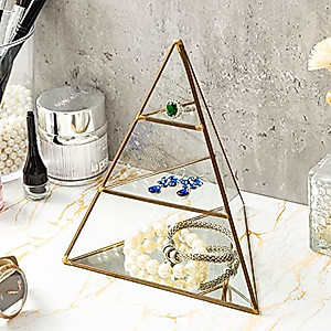 MyGift Glass Pyramid Small Jewelry Organizer Box with Brass Metal Frame, 3 Tier Crystal Display Case