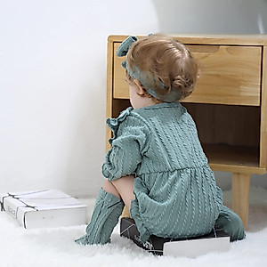 GRNSHTS Newborn Baby Girl Clothes Ruffle Solid Sweater Romper Long Sleeve Button Bodysuit+Hairband+Socks 3Pcs Fall Winter Outfits(Green,0-3 Months)