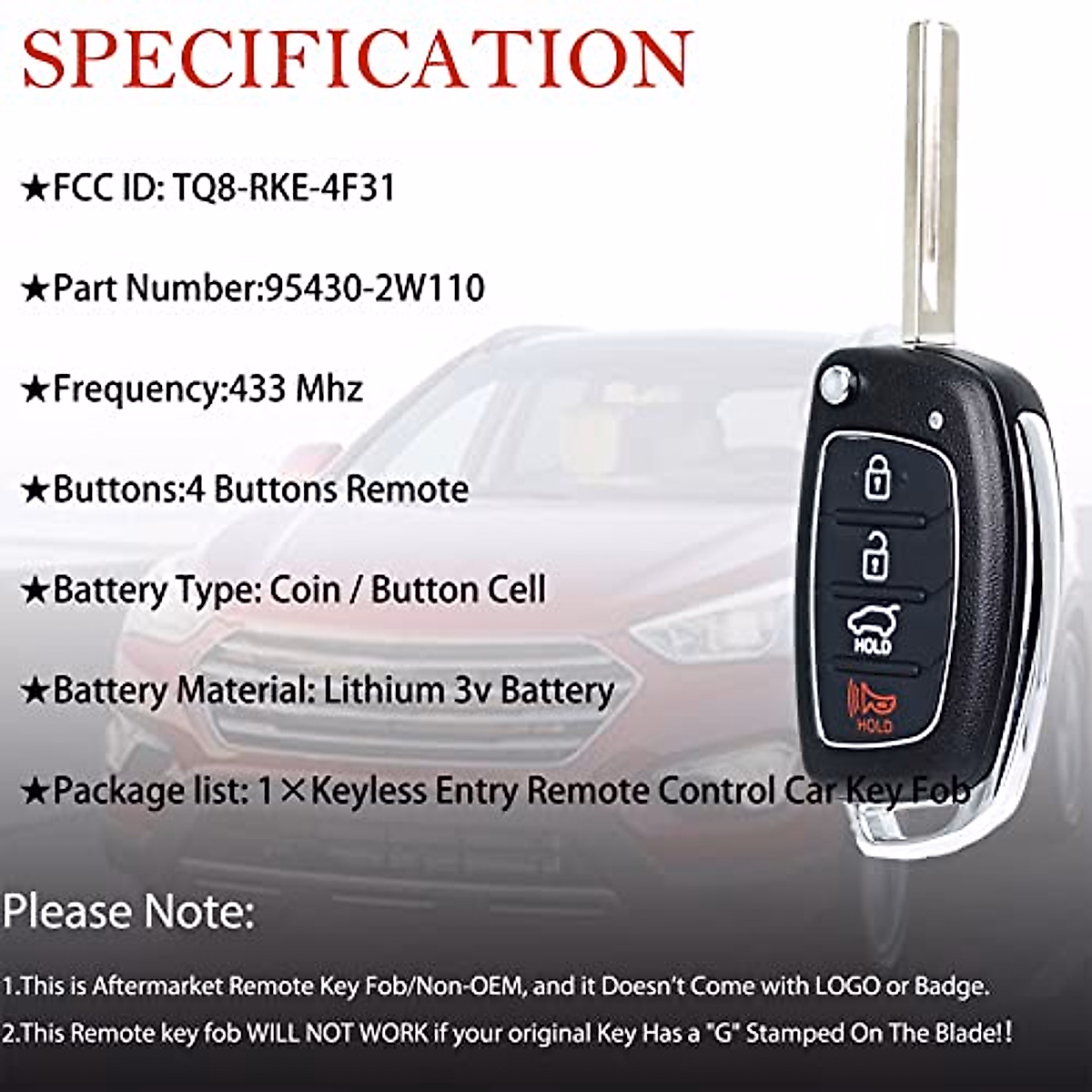 FILP Key Fob Remote Replacement Fits for Hyundai Santa Fe 2016 2017 2018 2019 TQ8-RKE-4F31 Keyless Entry Remote Control 95430-2W110 Transmitter Assy (DM 4BT)