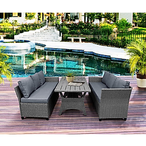 DHPM Patio PE Wicker Furniture Set Outdoor Brown Rattan Sectional Conversation Sofa Chair with Table & Soft Cushions, Gray