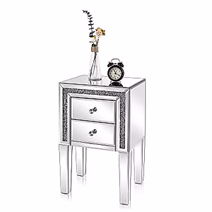 VINGLI Mirrored Nightstand, Mirrored Bedside Table with Drawer, Mirror Silver Night Stand, Mirrored Glass End Table Crushed Diamond Glitter Night Stand for Small Spaces/Bedroom/Living Room, Silver