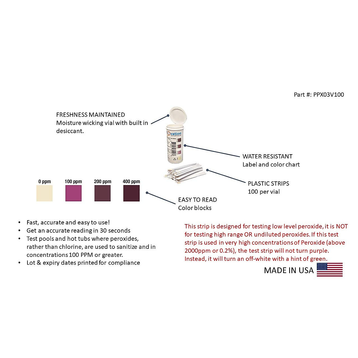 Hydrogen Peroxide H2O2 Test Strips, 0-400 ppm [Vial of 100 Strips]
