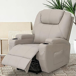 yoyomax Breathable leather Lift Recliner Chair, Oversized Upholstered Heated Massage Chair, Electric Power Rocker with Drink Holders - Adjustable Living Room Chair for Back, Lumbar, Legs- LightGrey