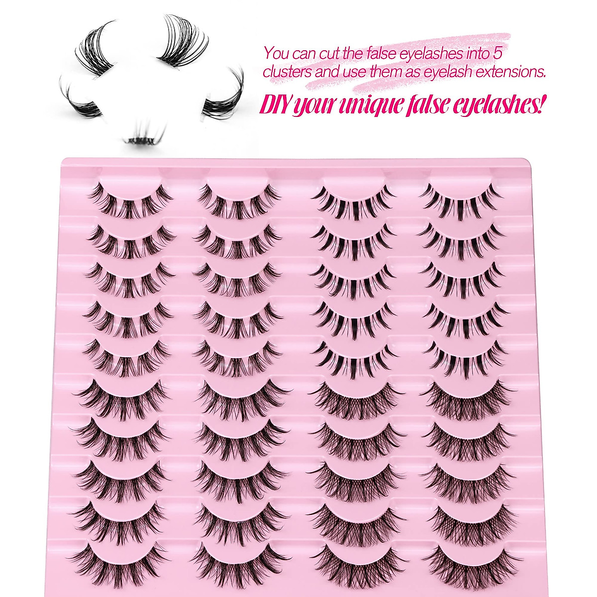 Manga Lashes Natural Look Anime False Eyelashes 20 Pairs Clear Band Individual Wispy Fake Eyelashes Strip Spiky DIY Cluster Lashes Extension C Curl Cat Eye Lashes Pack