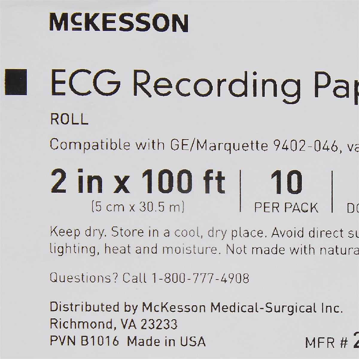McKesson ECG Recording Paper, White Diagnostic Thermal Paper, 2 in x 100 ft, 10 Count, 1 Pack