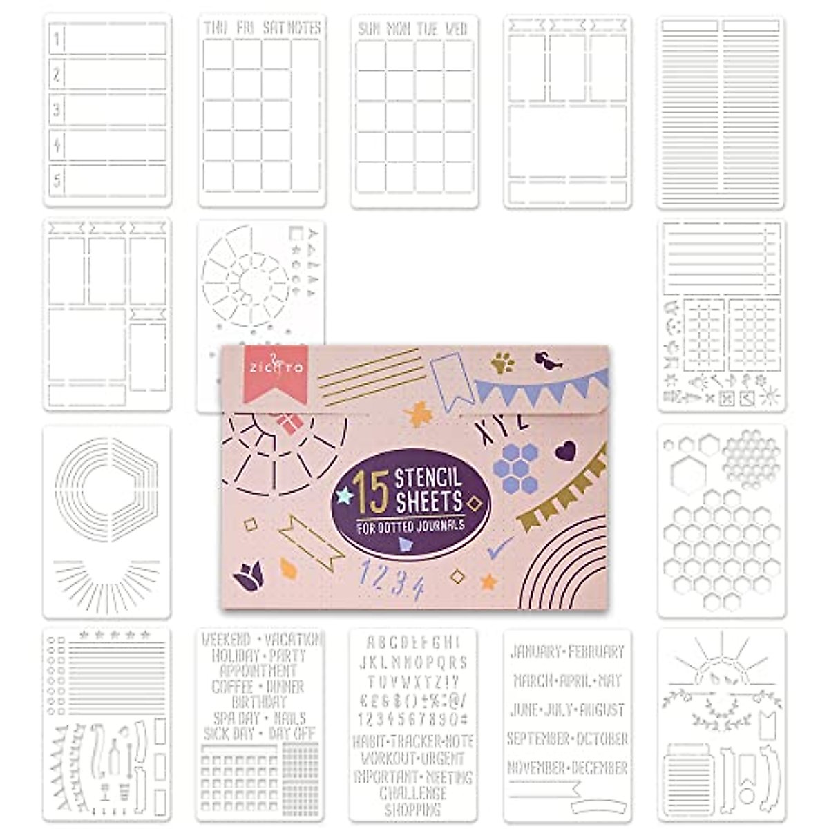 Easy to Use Stencil Set for Dotted Journals - Time Saving Planner Accessories/Supplies Kit Makes Creating Layouts Easy - Incl. Bullet Point Checklists, Daily/Weekly/Monthly Calendars