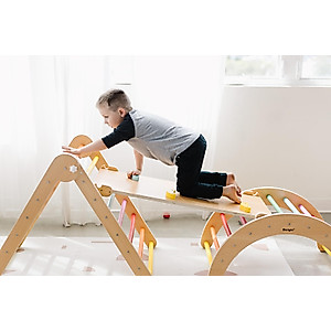 Beright 4 in 1 Pikler Triangle Gym, Montessori Foldable Climber with Ramp, Indoor Climbing Toys for Kids, Climbing Triangle for Toddlers Arch Climber, Rocker, Learning Waldorf Children Toy, Rainbow