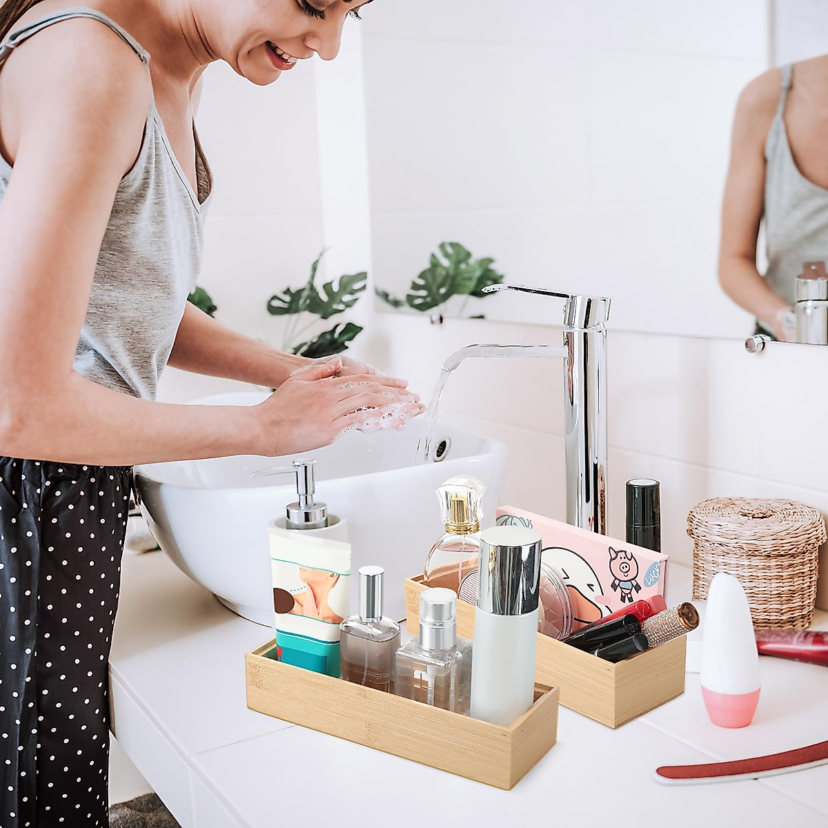 Kigley 8 Pieces Bamboo Drawer Organizer Kitchen Utensils Wooden Utensil Organizer for Drawers Stackable Wooden Storage Box Bamboo Silverware Tray for Drawer (9 x 3 x 2 Inch)