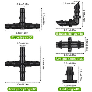 Kalolary 300Pcs Irrigation Fittings Kit, Drip Irrigation Kit Barbed Connectors for 1/4 Inch Flower Lawn Garden Irrigation System Kit (Straight Barbs, Tees, Elbows, End Plug, 4-Way Coupling)