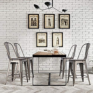 Topeakmart Set of 4 Gunmetal Wooden Seat 24 Inch Counter Height Metal Bar Stools Kitchen Chairs with High Back, Indoor/Outdoor