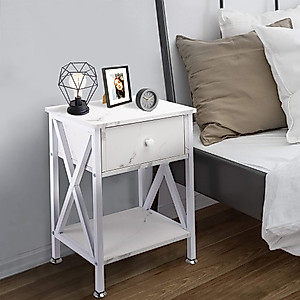 GOOD & GRACIOUS Nightstand End Side Table with Drawer Night Stand End Tables with Shelf for Living Room, Bedroom, Bed Side, Small Narrow Side Tables, Metal White
