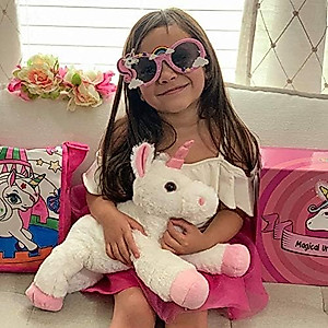 Dazmers Magical Unicorn Stuffed Animals Gift Set - 15" - Plush Unicor with Pink Sunglasses, Purse, Sparkling Gem Stones, Glitter, and 5 Markers - Perfect for Girls Who Love Unicorns, Stuffed Plushie
