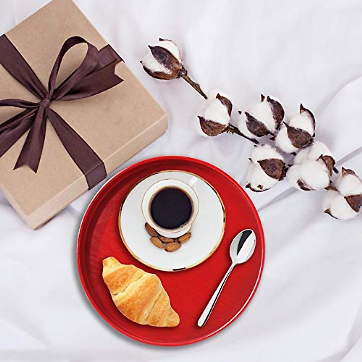 Round Solid Wood Serving Tray, Non-Slip Tea Coffee Snack Plate Food Meals Serving Tray with Raised Edges for Home Kitchen Restaurant(10.6inch,Red )