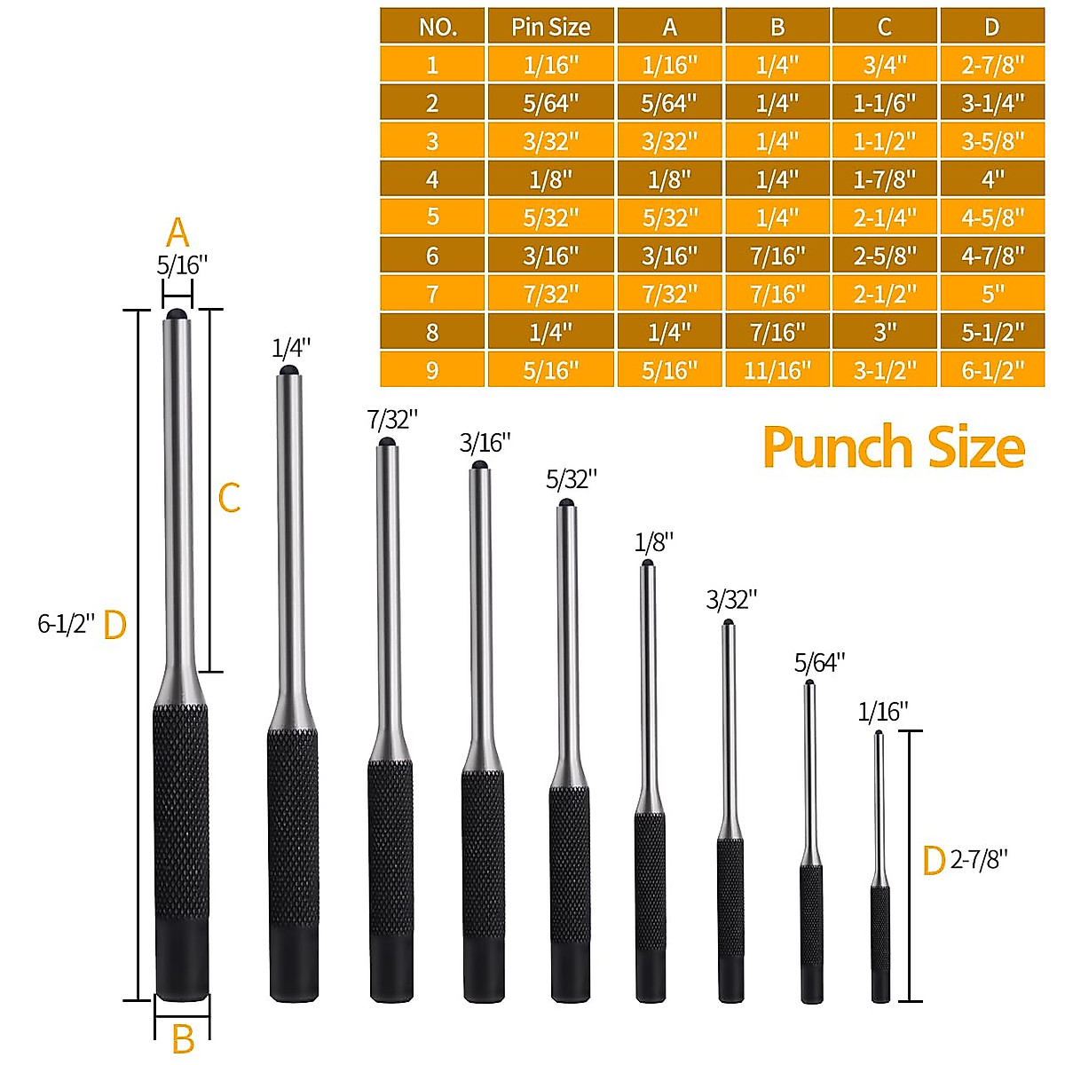 Roll Pin Punch Set, 14pcs Removing Repair Tools, including Universal Block, Pin Punches and Hammer(Pin Punches + Block)