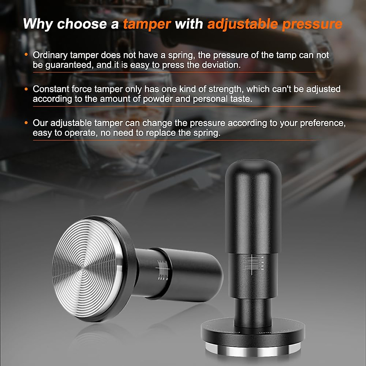 53mm Calibrated Espresso Tamper, Coffee Tamper with 20-35lbs Adjustable Pressure Feature, Springs Loaded Tamper, Anodized Aluminum Handle and Stainless Steel Base