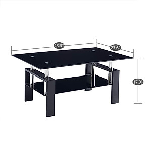 BCGUANG Rectangular Glass Dining Table,2-Tier Kitchen Table with Storage and Stainless Steel Legs, Coffee Table Set for Dinner Room (Black)