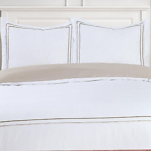 Majestic Giftware Madison Linen 6-Piece Queen Size Duvet Bedding Set (BL51-Q-3) | Flora Hotel Collection-White-Taupe Embroidery 400 TC Cotton Sateen | 1 Fitted Sheet, 1 Duvet, 4 Pillowcases