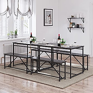 Panana 3 Piece Dining Room Table Set 43 Inch Kitchen Table with Two Benches Breakfast Table with Metal Frame Dining Room Home Black