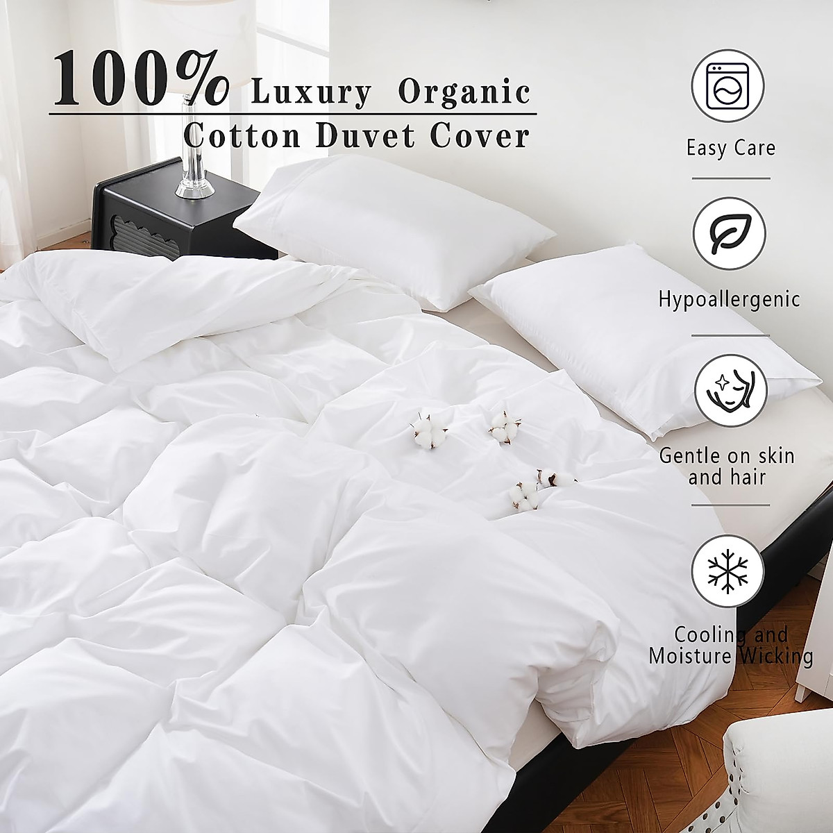 Overket 100% Organic Cotton Duvet Cover Queen Size Luxury 400 Thread Count Duvet Cover Queen Size Sateen Comforter Cover Soft and Breathable Cooling Bedding Set 3 Piece（White;Queen）
