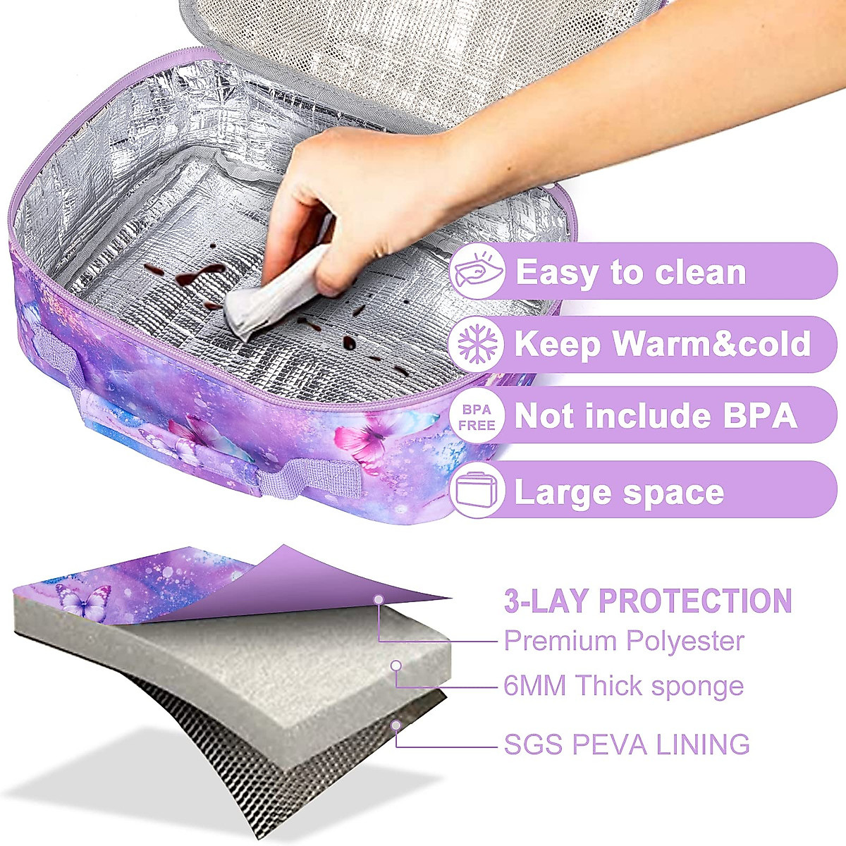 Kids Girls Lunch Bag Insulated Lunch Box for school Lunch Cooler Organizer School Kids Lunch Tote (purple butterfly)