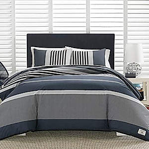 Nautica Comforter Set Cotton Reversible Bedding with Matching Shams, Home Decor for All Seasons, 3 pcs, Queen, Rendon Charcoal/Navy/White