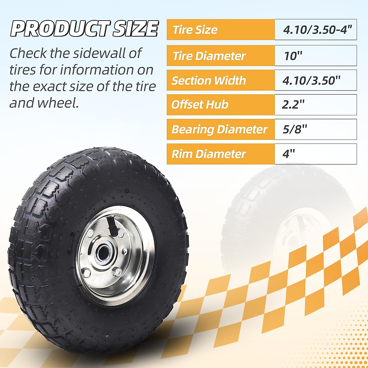 (4 Pack) AR-PRO 10" Heavy-Duty Replacement Tire and Wheel - 4.10/3.50-4" with 10" Inner Tube, 5/8" Axle Bore Hole, 2.2" Offset Hub and Double Sealed Bearings for Hand Trucks and Gorilla Cart