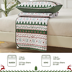 Christmas Quilt Set Queen, 3 Pieces Christmas Bedding Coverlet Queen Size, Green Bedspread with Xmas Tree Pattern New Year Bedroom Decoration for Family Friends