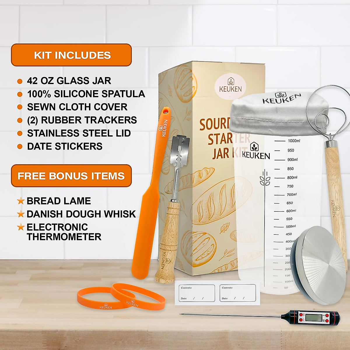 KEUKEN 42 oz Glass Sourdough Starter Jar Kit - Sourdough Bread Baking Supplies - Sourdough Starter Kit - Silicone Spatula Electric Thermometer Danish Dough Whisk - Sourdough Kit