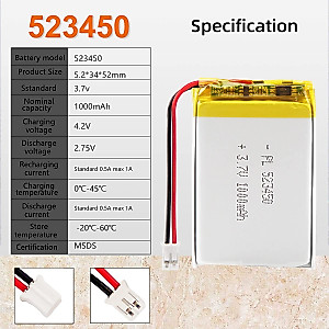 AKZYTUE 3.7V 1000mAh 523450 Lipo Battery Rechargeable Lithium Polymer ion Battery Pack with JST Connector…