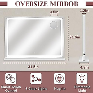 ROLOVE Vanity Mirror with Lights, 32" x 22" Large Lighted Vanity Mirror with Dimmable 3 Modes, LED Makeup Mirror with Detachable 10X Magnification, Touch Screen Control, for Makeup Desk, Dressing Room